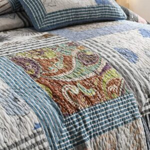 NEWLAKE Bedspread Quilt Set with Real Stitched Embroidery, Floral Paisley Grid Pattern,Queen Size