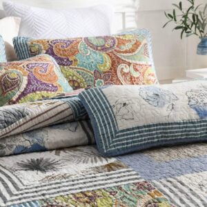 NEWLAKE Bedspread Quilt Set with Real Stitched Embroidery, Floral Paisley Grid Pattern,Queen Size