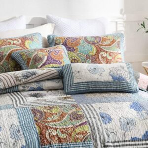 NEWLAKE Bedspread Quilt Set with Real Stitched Embroidery, Floral Paisley Grid Pattern,Queen Size