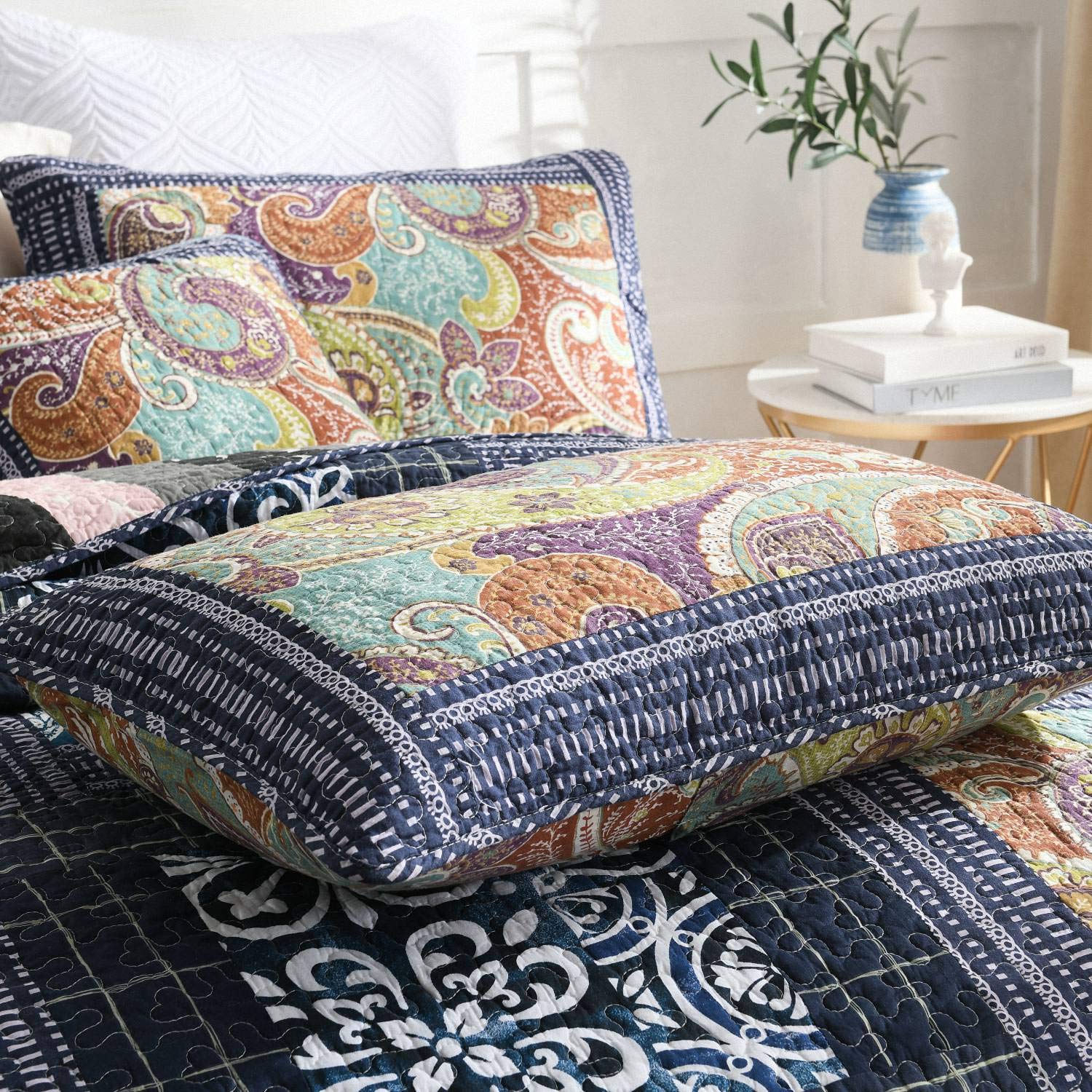 NEWLAKE Bedspread Quilt Set with Real Stitched Embroidery, Paisley Grid Pattern,Queen Size