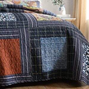 NEWLAKE Bedspread Quilt Set with Real Stitched Embroidery, Paisley Grid Pattern,Queen Size