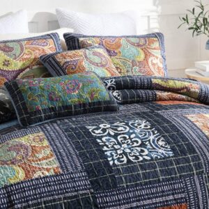 NEWLAKE Bedspread Quilt Set with Real Stitched Embroidery, Paisley Grid Pattern,Queen Size