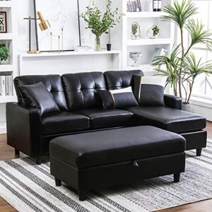 HONBAY Convertible Sectional Sofa with Ottoman Modern L Shape Couch Faux Leather Sectional Couch with Reversible Chaise, Black