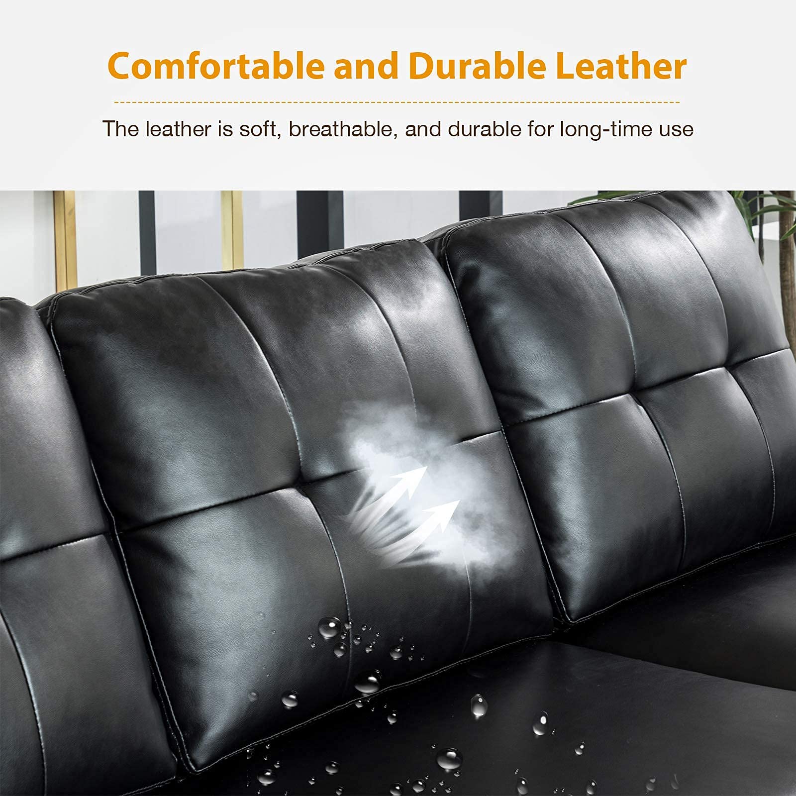 HONBAY Convertible Sectional Sofa with Ottoman Modern L Shape Couch Faux Leather Sectional Couch with Reversible Chaise, Black