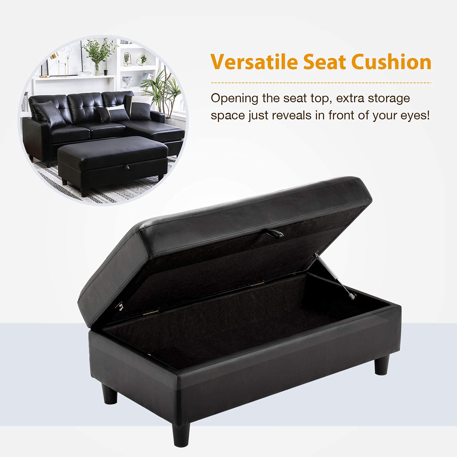 HONBAY Convertible Sectional Sofa with Ottoman Modern L Shape Couch Faux Leather Sectional Couch with Reversible Chaise, Black