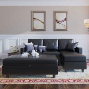 HONBAY Convertible Sectional Sofa with Ottoman Modern L Shape Couch Faux Leather Sectional Couch with Reversible Chaise, Black