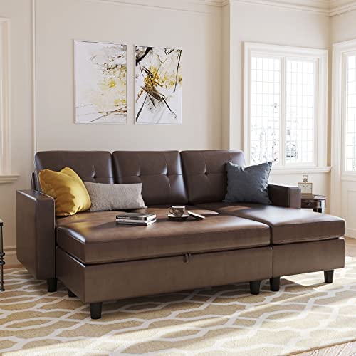 HONBAY Faux Leather Sectional Couch with Ottoman Sectional Sofa Set with Reversible Chaise L Shape Couch with Storage Ottoman (Brown)