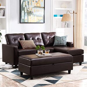 HONBAY Faux Leather Sectional Couch with Ottoman Sectional Sofa Set with Reversible Chaise L Shape Couch with Storage Ottoman (Brown)