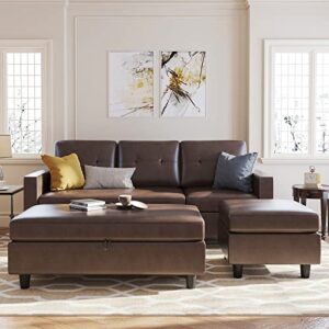 HONBAY Faux Leather Sectional Couch with Ottoman Sectional Sofa Set with Reversible Chaise L Shape Couch with Storage Ottoman (Brown)