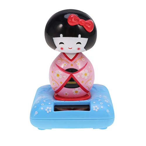 Amosfun Solar Powered Bobble Shaking Head Dancing Toy Japanese Kokeshi Doll Figurines Statues Car Dash Board Decorations Pink