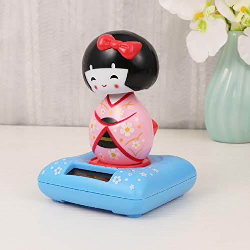 Amosfun Solar Powered Bobble Shaking Head Dancing Toy Japanese Kokeshi Doll Figurines Statues Car Dash Board Decorations Pink