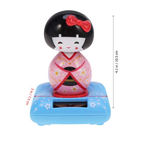 Amosfun Solar Powered Bobble Shaking Head Dancing Toy Japanese Kokeshi Doll Figurines Statues Car Dash Board Decorations Pink