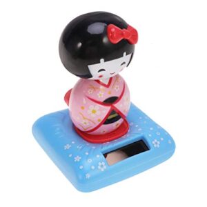 Amosfun Solar Powered Bobble Shaking Head Dancing Toy Japanese Kokeshi Doll Figurines Statues Car Dash Board Decorations Pink