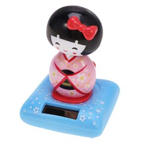 Amosfun Solar Powered Bobble Shaking Head Dancing Toy Japanese Kokeshi Doll Figurines Statues Car Dash Board Decorations Pink