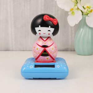 Amosfun Solar Powered Bobble Shaking Head Dancing Toy Japanese Kokeshi Doll Figurines Statues Car Dash Board Decorations Pink