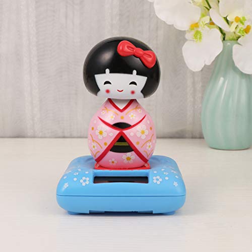 Amosfun Solar Powered Bobble Shaking Head Dancing Toy Japanese Kokeshi Doll Figurines Statues Car Dash Board Decorations Pink