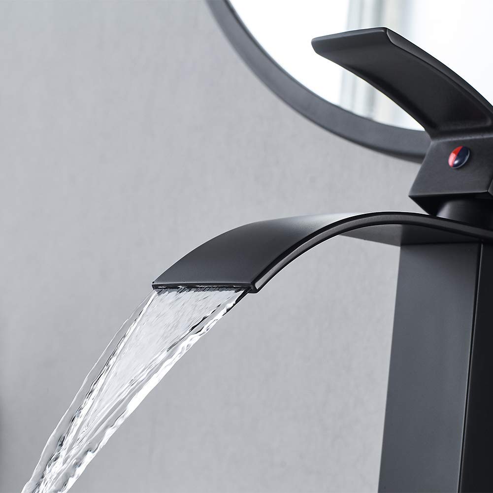 VOTON Black Bathroom Faucets Modern Waterfall Bathroom Sink Faucet Matte Black Single Handle Bathroom Faucet for 1 or 3 Holes with Deck Plate, Rv Sink Camper Farmhouse Bathroom Utility Remodel Faucet