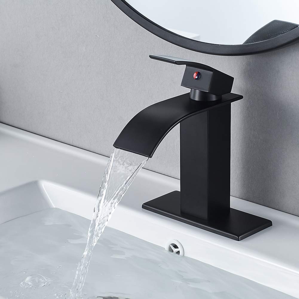 VOTON Black Bathroom Faucets Modern Waterfall Bathroom Sink Faucet Matte Black Single Handle Bathroom Faucet for 1 or 3 Holes with Deck Plate, Rv Sink Camper Farmhouse Bathroom Utility Remodel Faucet