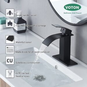 VOTON Black Bathroom Faucets Modern Waterfall Bathroom Sink Faucet Matte Black Single Handle Bathroom Faucet for 1 or 3 Holes with Deck Plate, Rv Sink Camper Farmhouse Bathroom Utility Remodel Faucet