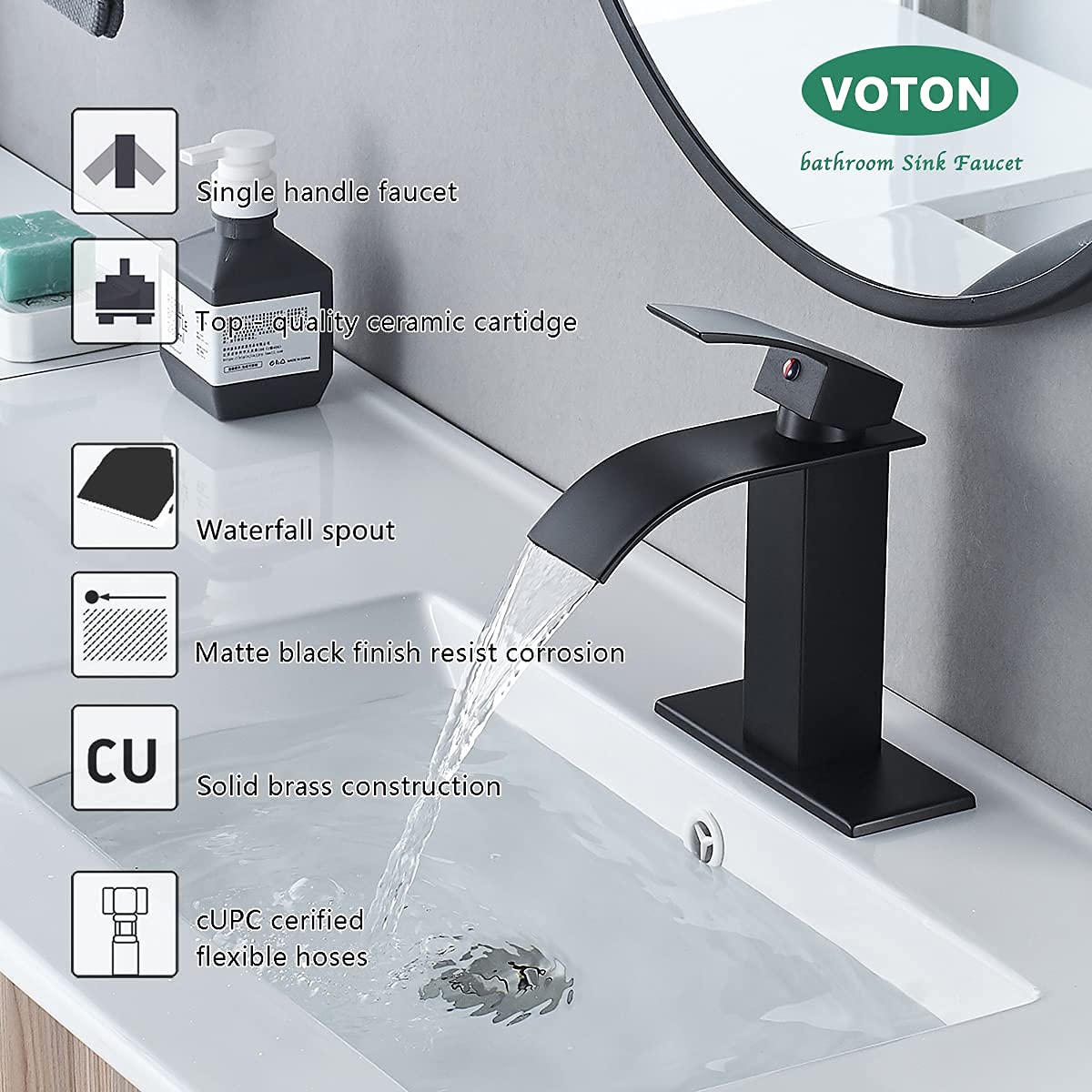 VOTON Black Bathroom Faucets Modern Waterfall Bathroom Sink Faucet Matte Black Single Handle Bathroom Faucet for 1 or 3 Holes with Deck Plate, Rv Sink Camper Farmhouse Bathroom Utility Remodel Faucet