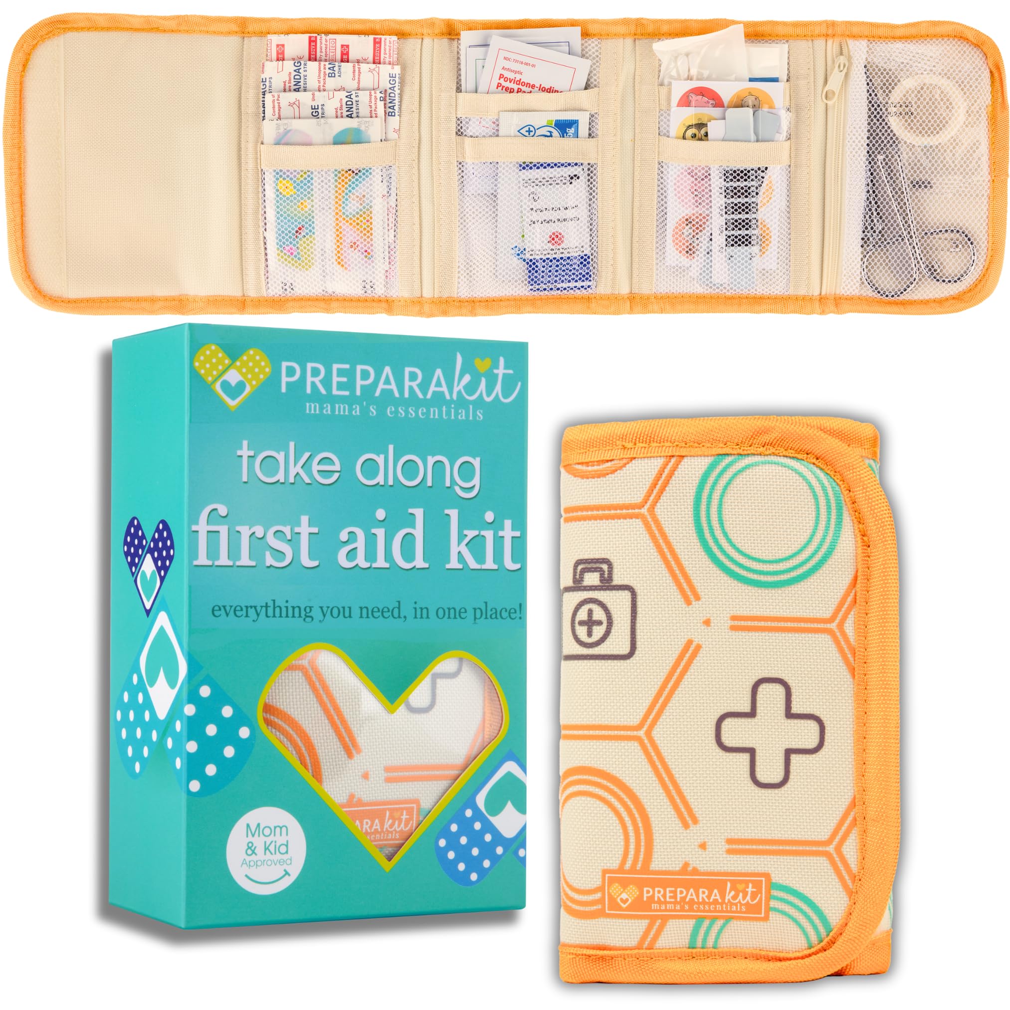 PreparaKit Travel First Aid Kit for Kids - Mini Car, Purse, Backpack, or Diaper Bag 75 Piece Medicine Includes All Essential Medical Supplies TSA-Approved (Orange Crush)