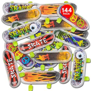 artcreativity mini finger skateboards for kids (bulk pack of 144) durable finger boards in assorted designs, 2 inch fingerboard skateboard party favors, goody bag fillers