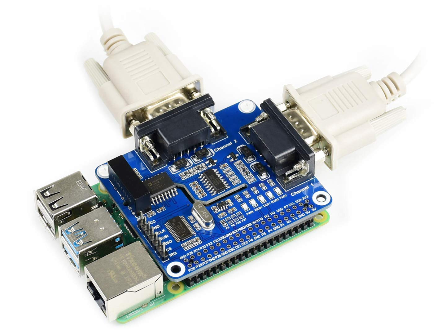 2-Channel Isolated RS232 Expansion HAT for Raspberry Pi 4B/3B+/3B/2B/B+/A+/Zero/Zero W, SC16IS752+SP3232 Dual Chip Convert SPI to RS232 Data Rate up to 921600bps Embed Multi Protection Circuits