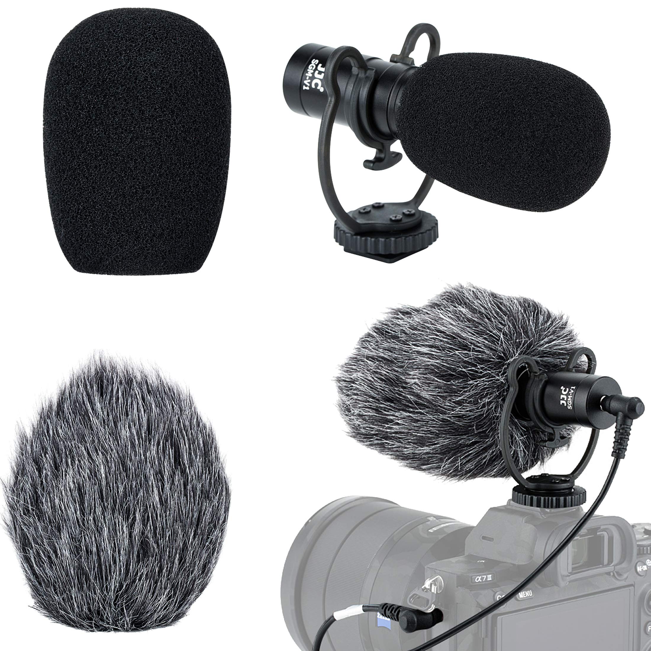 JJC SGM-V1 Shotgun Video Microphone, Cardioid Microphone Condenser Mic Vdeomicro w/Shock Mount, Furry Foam Windscreen, Electret Condenser, 3.5mm TRS TRRS Cable, for Andoid Phone DSLR Camcorder