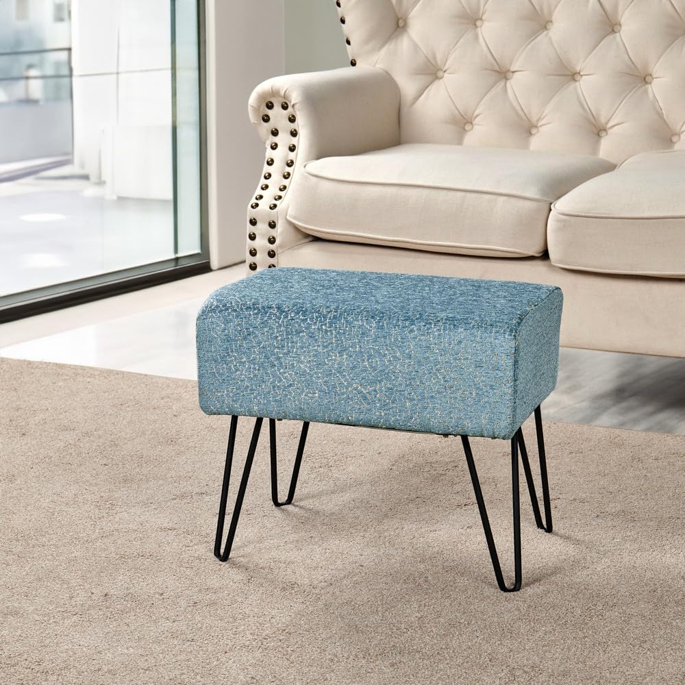 Home Soft Things Blue Jacquard Chenille Ottoman, 19" x 13" x 17" H, Babati-Turquoise, Fuzzy Entry Way Ottoman Bench Living Room Bedroom End of Bed Decorative Makeup Stool Foot Rest Chair Home Décor