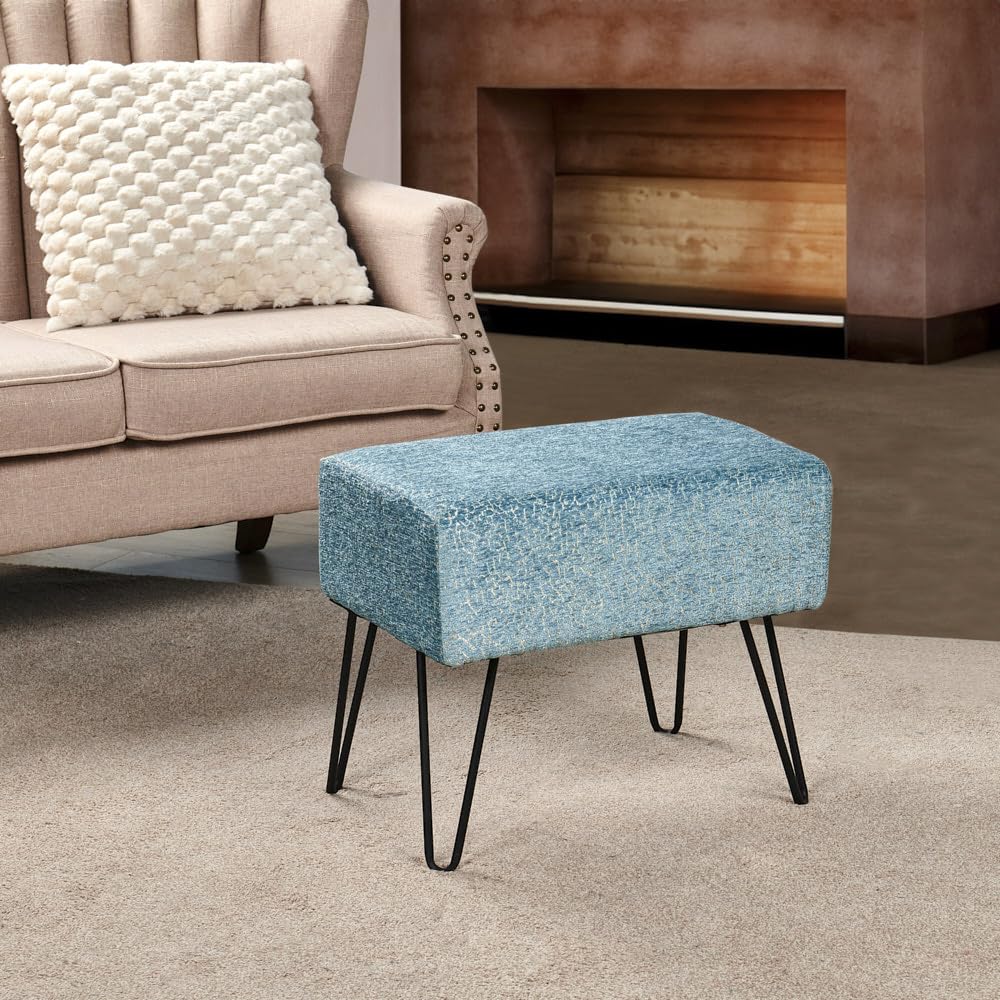 Home Soft Things Blue Jacquard Chenille Ottoman, 19" x 13" x 17" H, Babati-Turquoise, Fuzzy Entry Way Ottoman Bench Living Room Bedroom End of Bed Decorative Makeup Stool Foot Rest Chair Home Décor