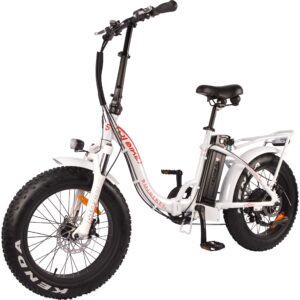 dj folding bike step thru 750w 48v 13ah power electric bicycle, pearl white, led bike light, suspension fork and shimano gear