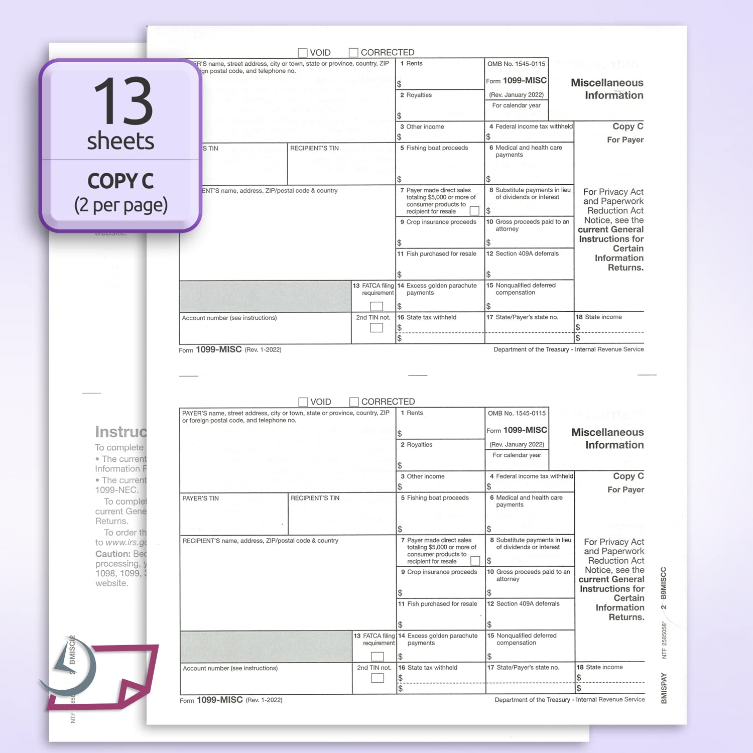 NextDayLabels 1099 MISC Forms for 2023, 4-Part Tax Forms, Vendor Kit of 25 Laser Forms and 25 Self-Seal Envelopes, Forms Designed for QuickBooks and Other Accounting Software