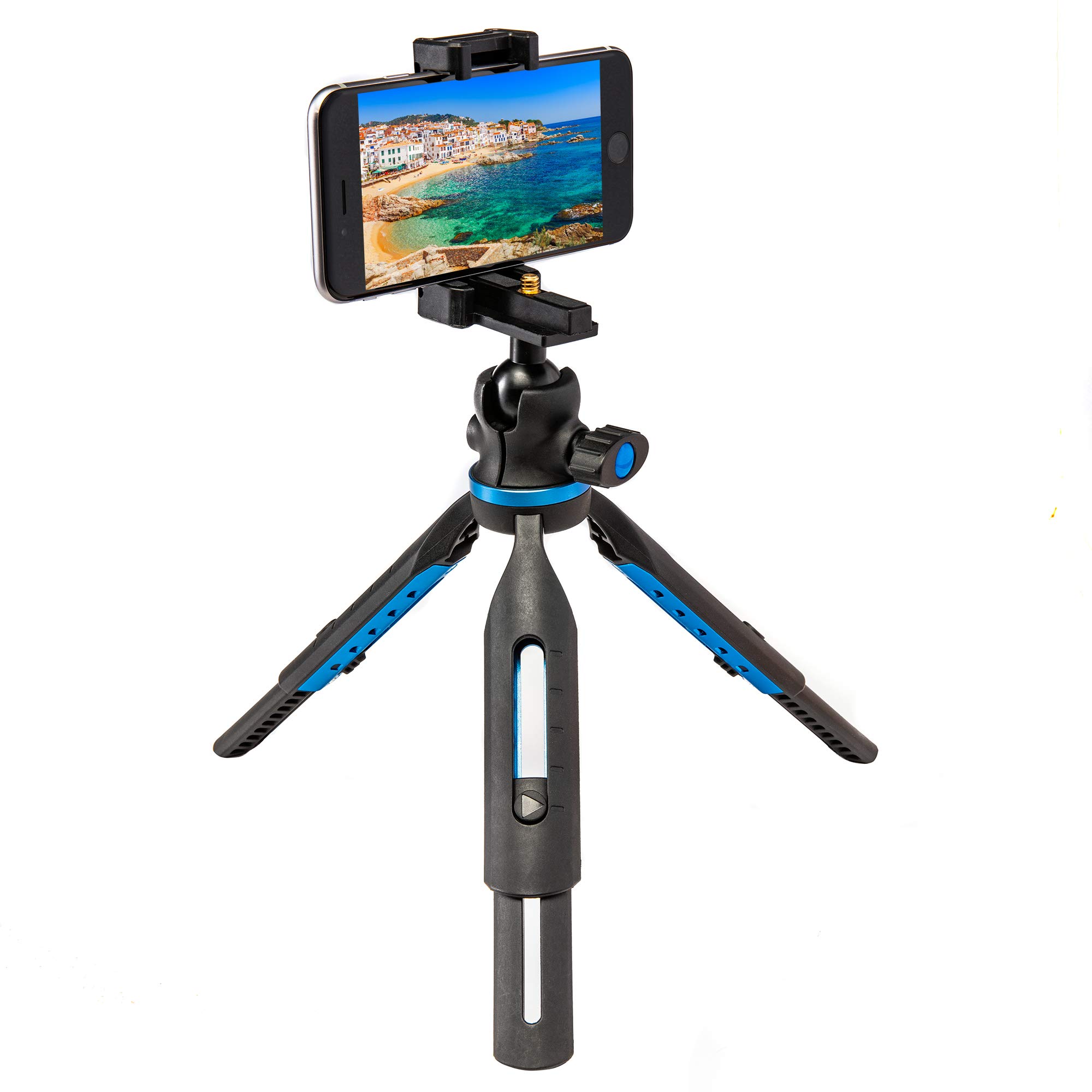 Ritz Gear Blue Anodized Aluminum/ABS Height-Adjustable Tabletop Tripod for Cell Phone and DSLR Camera Packet Size