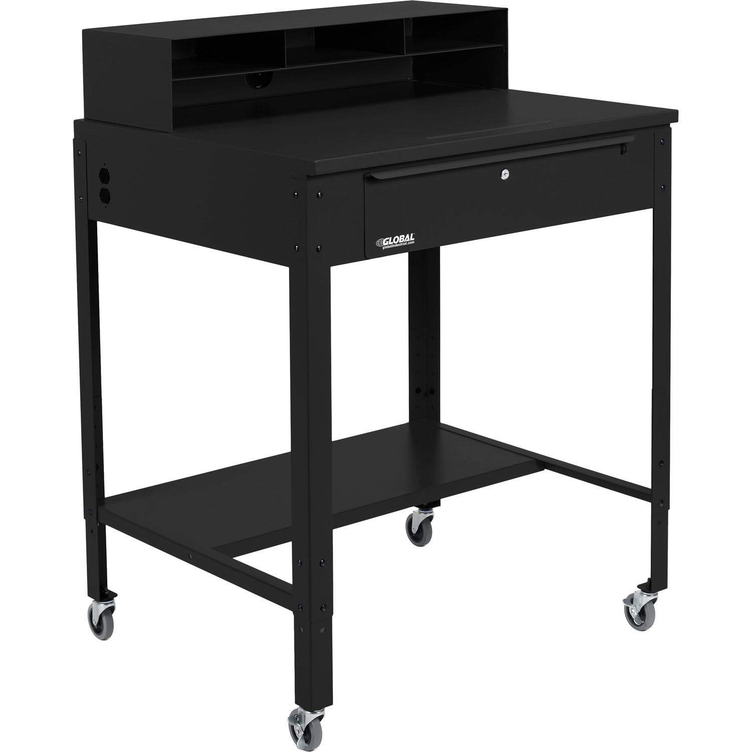 Global Industrial 34-1/2"W x 30" D x 38" H Mobile Shop Desk with Pigeonhole Compartment Riser Flat Surface, Black