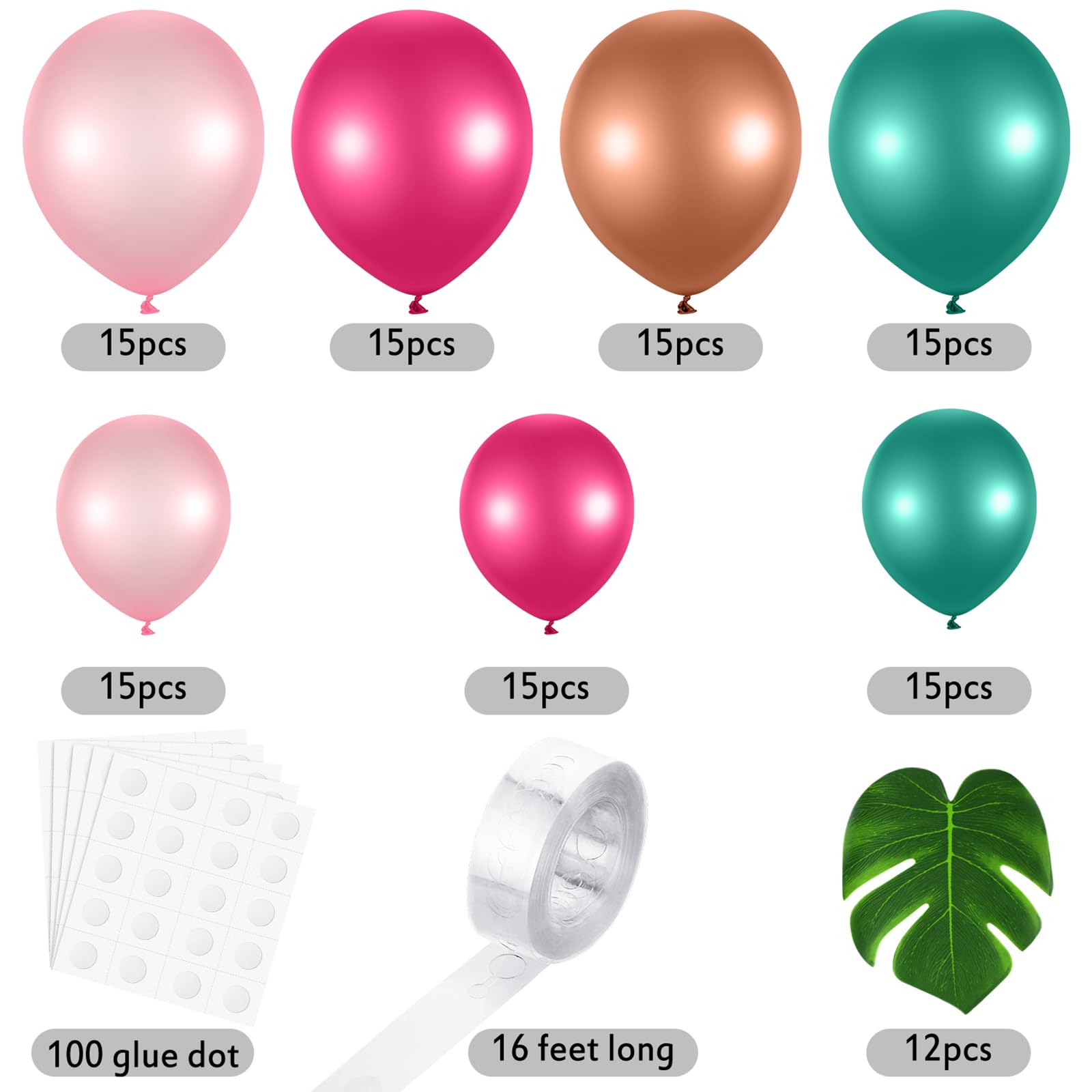 Gejoy 117 Pieces Tropical Balloons Garland Kit, Hawaiian Luau Flamingo Theme Balloon Garland with 12 Palm Leaves, 16.4 ft Balloon Chain and 100 Dot for Wedding Summer Birthday Party Supplies