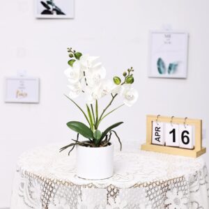 Jusdreen 1 Pcs Ceramic Vase Artificial Orchid Flower Bonsai Vivid Phalaenopsis Flowers Potting for Home Office Décor,Table Centerpiece Room Decorations 14.5 INCH (Ceramic Pot/White Orchid)