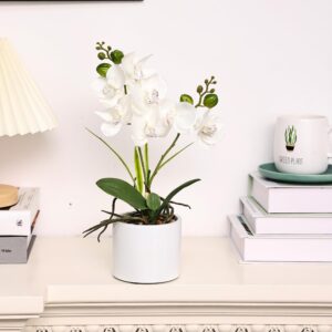 Jusdreen 1 Pcs Ceramic Vase Artificial Orchid Flower Bonsai Vivid Phalaenopsis Flowers Potting for Home Office Décor,Table Centerpiece Room Decorations 14.5 INCH (Ceramic Pot/White Orchid)