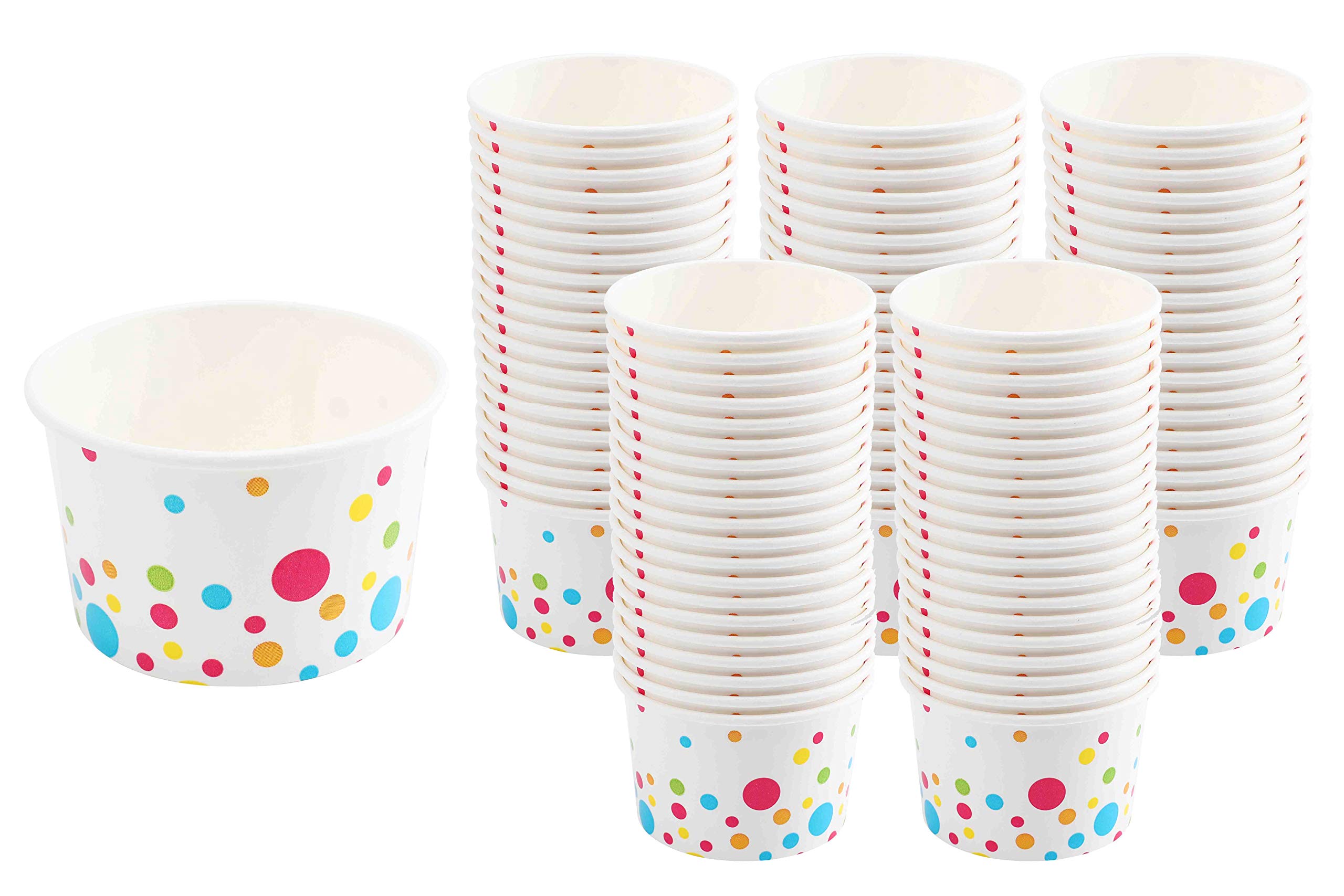 GSM Brands Paper Ice Cream Cups (Polka Dots Design) - 100-Count - 8 oz Disposable Dessert Bowls for Hot or Cold Food, 8-Ounce Party Supplies Treat Cups for Sundae, Frozen Yogurt, Soup, White