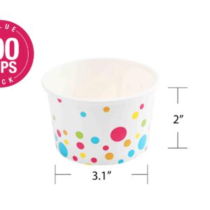 GSM Brands Paper Ice Cream Cups (Polka Dots Design) - 100-Count - 8 oz Disposable Dessert Bowls for Hot or Cold Food, 8-Ounce Party Supplies Treat Cups for Sundae, Frozen Yogurt, Soup, White