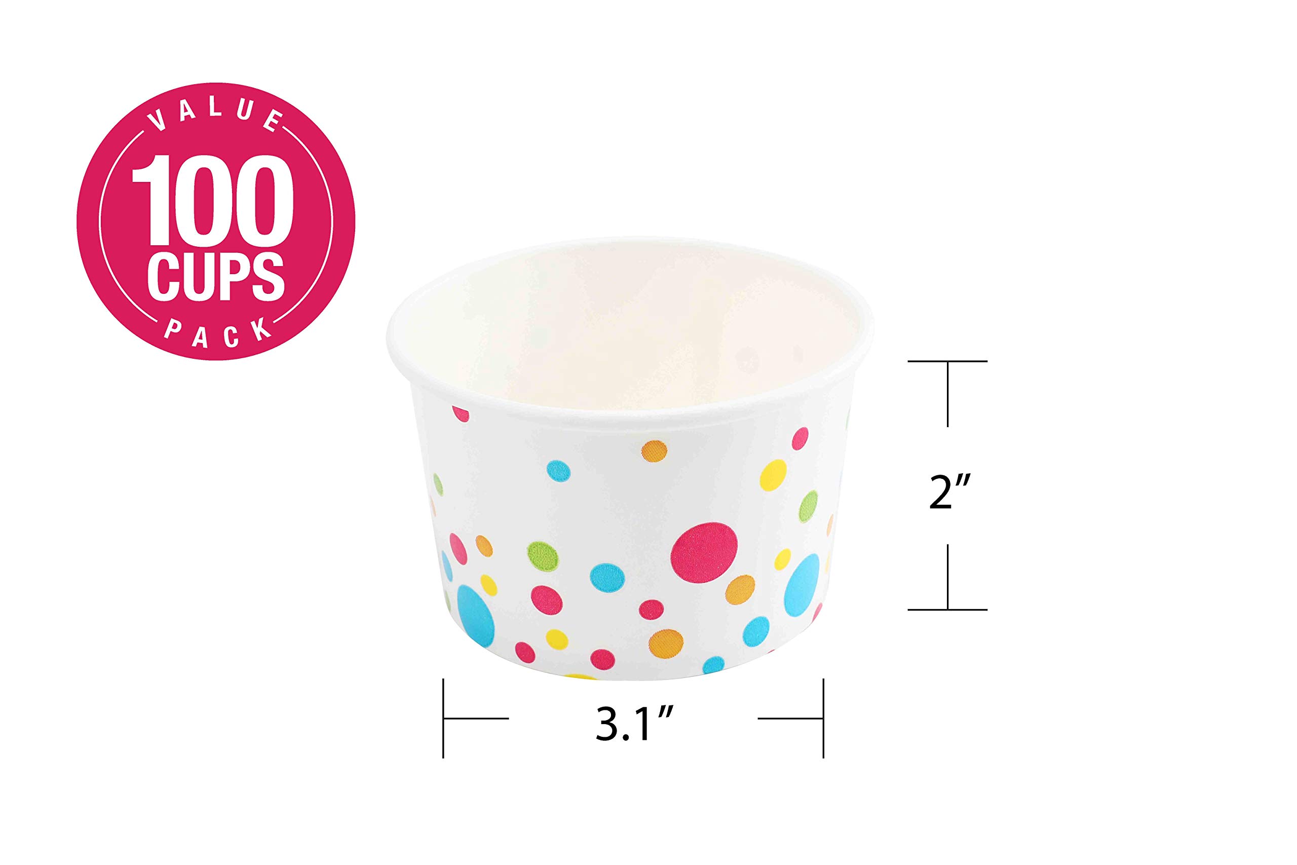 GSM Brands Paper Ice Cream Cups (Polka Dots Design) - 100-Count - 8 oz Disposable Dessert Bowls for Hot or Cold Food, 8-Ounce Party Supplies Treat Cups for Sundae, Frozen Yogurt, Soup, White