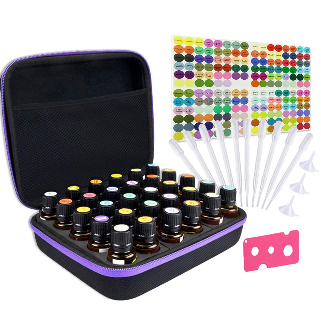 TUZAZO Essential Oils Storage, Essential Oils Carrying case for 30 Bottles 5ml 10ml 15ml, Hard Shell Shockproof, Come with Bottle Opener, Bottle Cap Labels (Black&Purple)