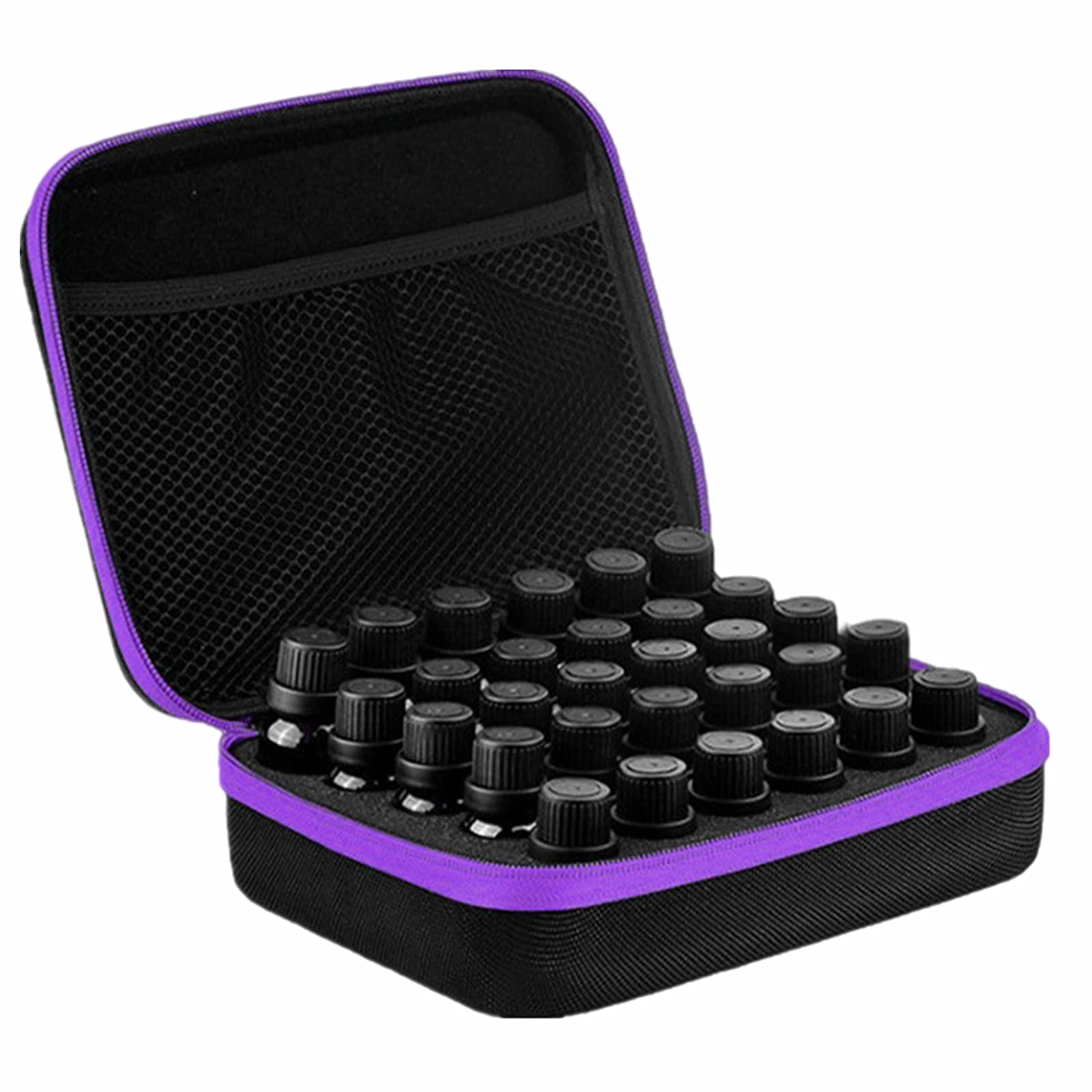 TUZAZO Essential Oils Storage, Essential Oils Carrying case for 30 Bottles 5ml 10ml 15ml, Hard Shell Shockproof, Come with Bottle Opener, Bottle Cap Labels (Black&Purple)