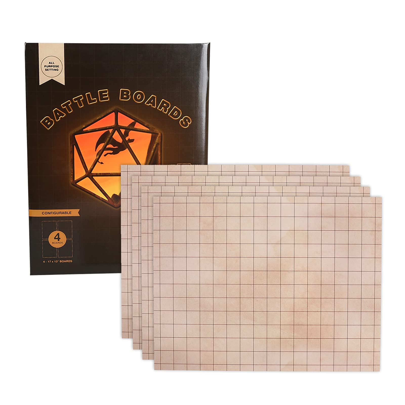 GSM Brands Battle Mat with Grid for Dungeons Role Playing Tabletop Dragons Game - 4 Pack Dry Erase Battle Boards, Non-Skid Back (17x13 Inches Each Makes 34x26 Board)