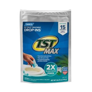 camco tst max rv toilet treatment drop-ins | control unwanted odors and break down waste and tissue | septic tank safe | ocean breeze scent | 15-pack (41614)