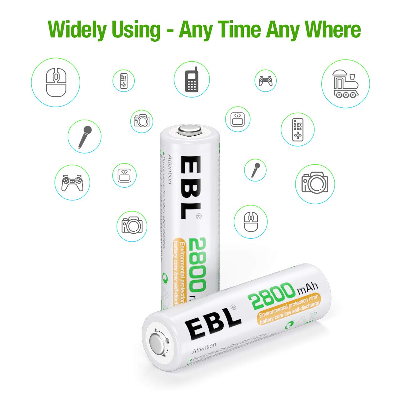 EBL Rechargeable AA Batteries 1.2V 2800mAh Precharged Ni-MH AA Battery New Retail Package, Pack of 8