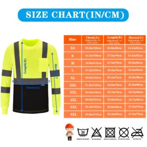 AYKRM High Visibility Shirts Safety T Shirt Reflective High Visibility hi vis Long Sleeve T Shirt (Yellow, XL)