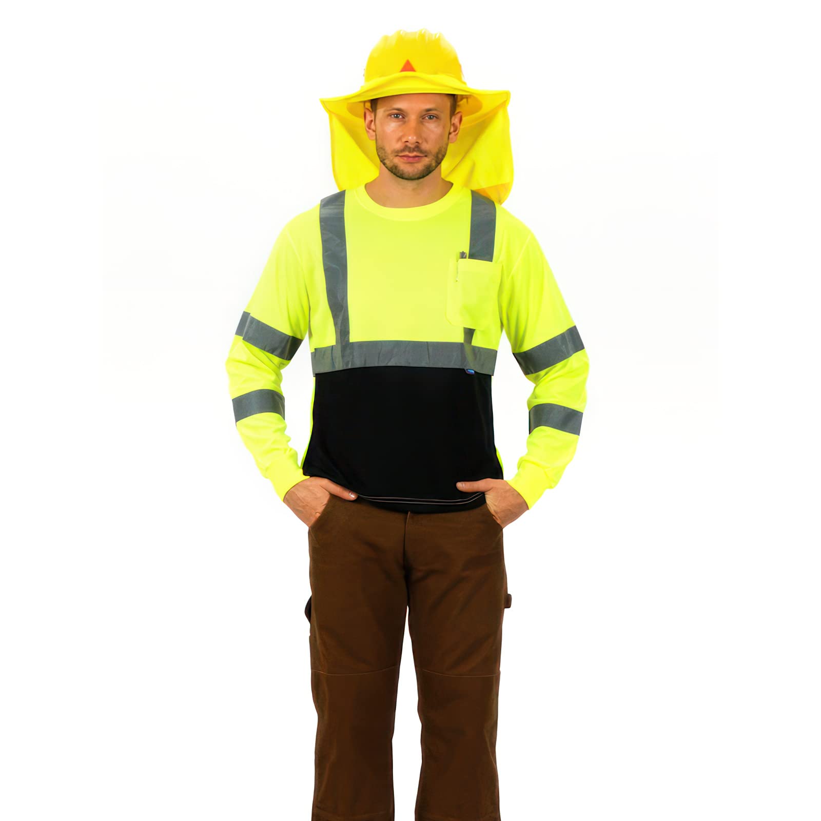 AYKRM High Visibility Shirts Safety T Shirt Reflective High Visibility hi vis Long Sleeve T Shirt (Yellow, XL)