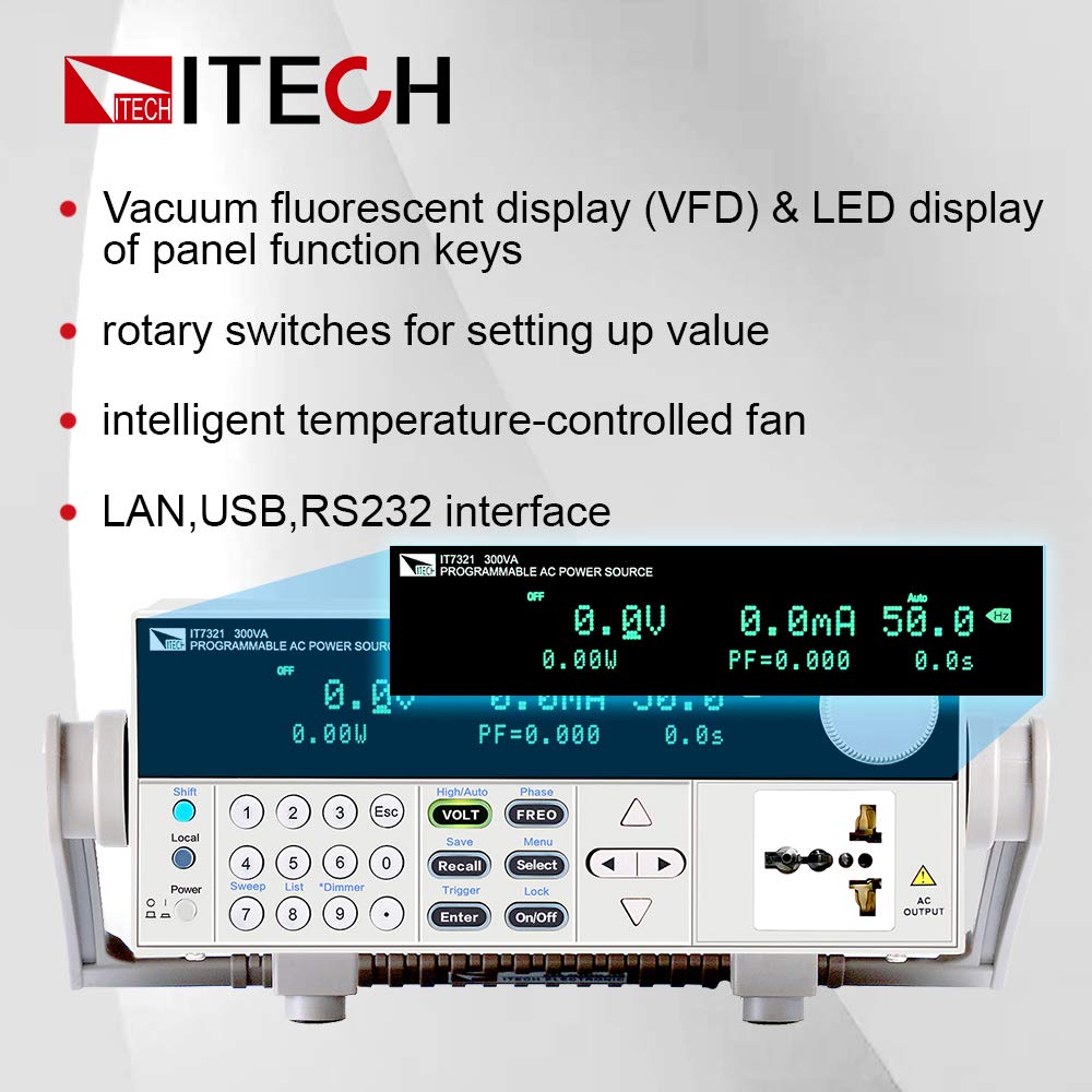 ITECH AC Power Supply 300V/3A/300VA Programmable Bench Adjustable Single-Phase AC Power Source with Linear Amplification Technology Variable Frequency IT7321