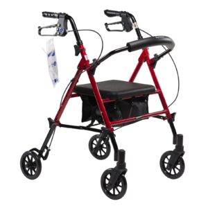 dynarex dynago flex rollator - foldable, portable, stand-up rolling walker - 6” wheels, adjustable seat height & 300 lb. weight capacity, red frame, 1 rollator