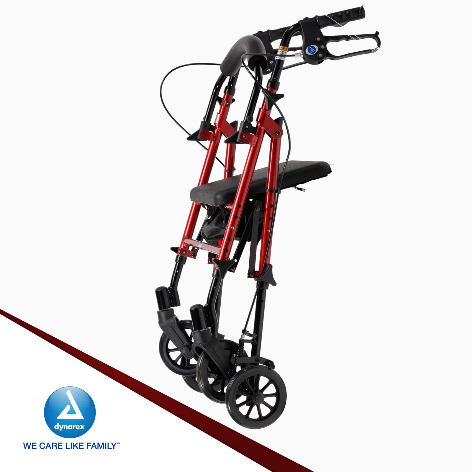 Dynarex DynaGo Flex Rollator - Foldable, Portable, Stand-Up Rolling Walker - 6” Wheels, Adjustable Seat Height & 300 lb. Weight Capacity, Red Frame, 1 Rollator